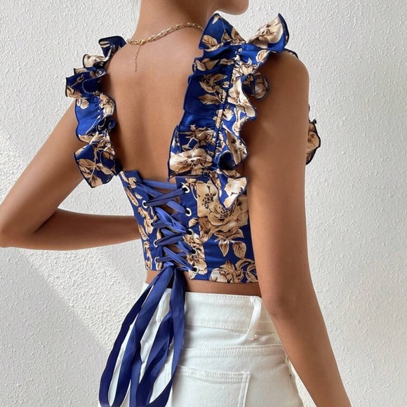 Tops | Floral Print Bustier Corset Lace Up Cropped Top | Poshmark
